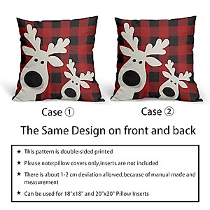 Deer Christmas Pillow Covers 16X16 Inch Xmas Reindeer Black Red Buffalo Plaid Checkered Couch Pillow Cases Set of 2 Winter Holiday Cotton Cushion Case Farmhouse Home Decor For Bed Sofa Couch Room