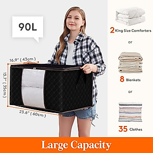 Lifewit Large Capacity Clothes Storage Bag Organizer with Reinforced Handle Thick Fabric for Comforters, Blankets, Bedding, Foldable with Sturdy Zipper, Clear Window, 3 Pack, 90L, Black