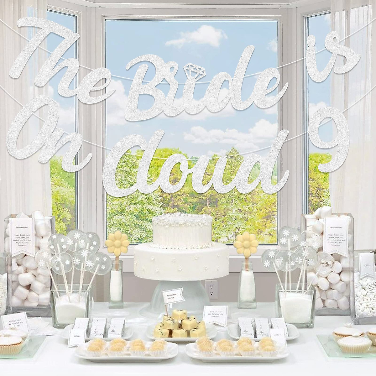 Bride On Cloud 9 Decorations - On Cloud 9 Banner Silver, Bachelorette Party Decor Glitter Banner for Engagement Wedding Decorations