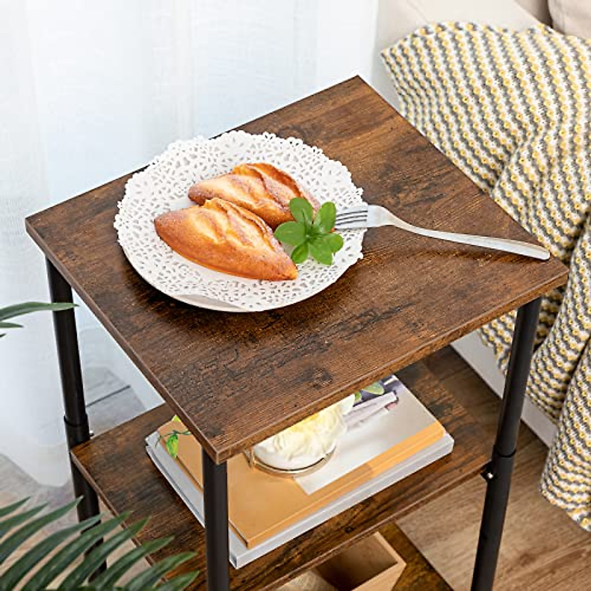 HOOBRO Side Table, Height-Adjustable Nightstand with Storage Shelves, 3-Tier Tall Industrial End Table, Coffee Table, for Living Room, Bedroom, Study, Solid Structure, Rustic Brown BF65BZ01