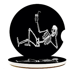 Car Coasters for Drinks Absorbent, 2 Pack Cup Holders, 2.56" Ceramic Stone & Non-Scratch Cork Base Coasters, Auto Accessories for Women & Men, Human Skeleton Cocktail Funny Skull
