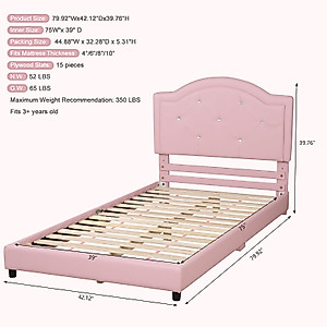 Leather Kids Twin Bed , Crystal Button Adjustable Height Headboard Children's Bed, Wooden Slat Base Toddler Bed ,Upholstered Twin Bed for Kid, Fits Standard Twin Mattress(75"Wx39"D) (Pink)