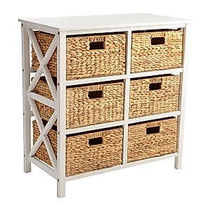 eHemco 3 Tier X-Side End Storage Cabinet, table with 6 Wicker Baskets for bedroom, living room in White
