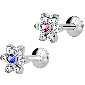 Forbidden Body Jewelry 2 Pack: 16g 8mm Internally Threaded Tragus, Helix Earrings and Labret Studs with Crystal Flower Tops