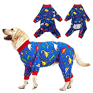 LovinPet Pitbull Large Dog Clothes, Wound Care/Post Surgery Dog Clothes, Lost World Dinosaurs Print, UV Protection, Pet Anxiety Relief, Large Dog Onesies, Pet PJ's/XL