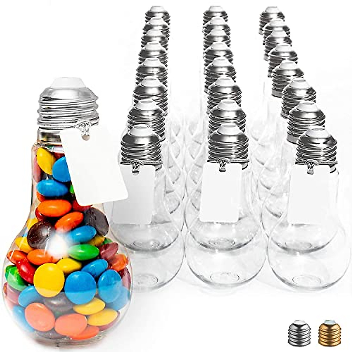 Plastic Light Bulb Jars Silver - 24pc Case - 100ml Clear - with Labels and String - Fillable with Candy, Ideal for Crafts