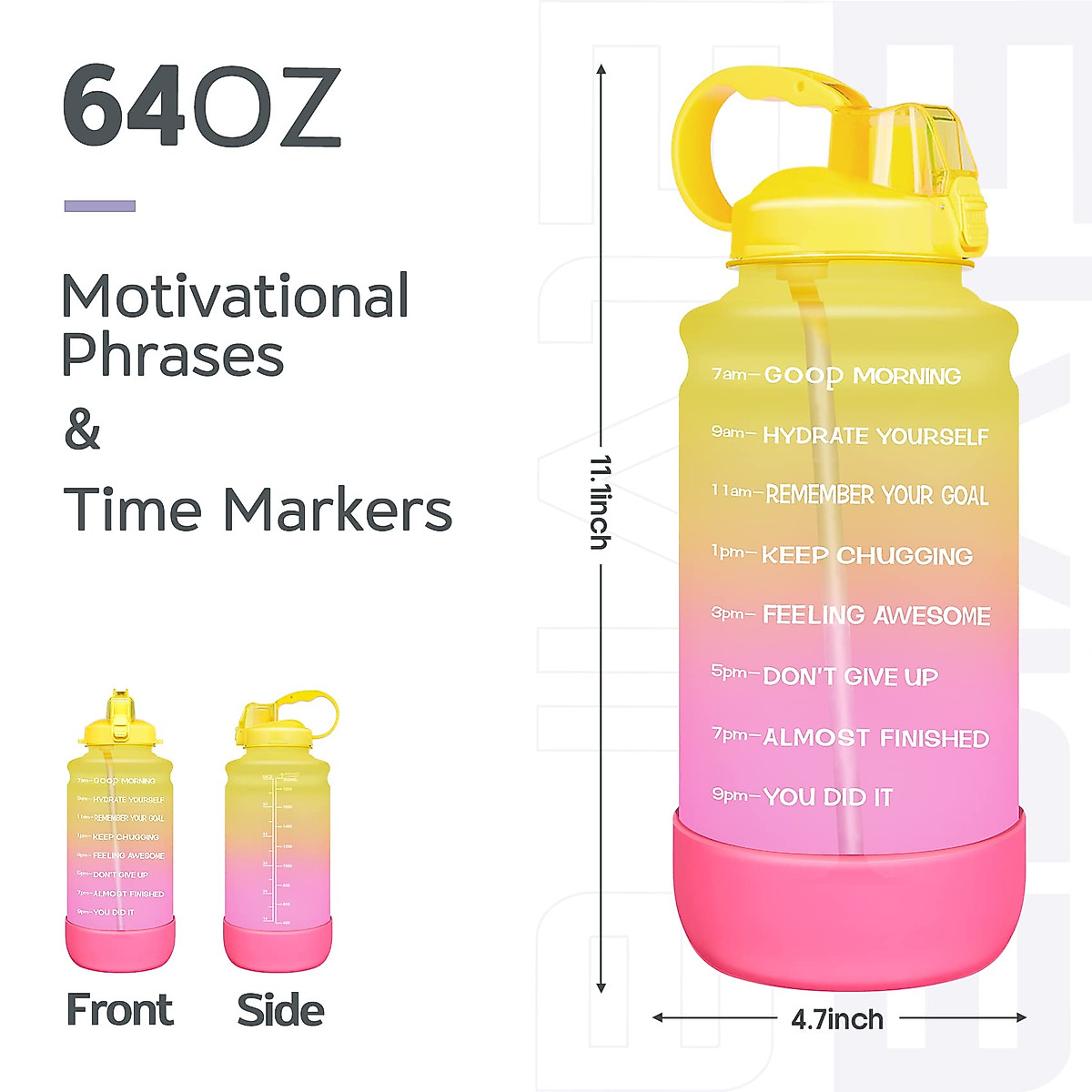 Elvira Half Gallon/64oz Motivational Time Marker Water Bottle with Straw & Protective Silicone Boot, BPA Free Anti-slip Leakproof for Fitness, Gym and Outdoor Sports-Pink/Yellow