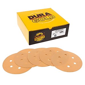 Dura-Gold Premium 320 Grit 6" Gold Sandpaper Discs, 6 Hole Pattern Dustless, Box of 50 - Hook & Loop Backing for DA Sander, Finishing Fine Cut Sanding Abrasive Automotive Paint, Woodworking Wood Metal