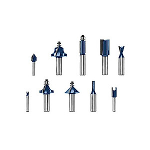 BOSCH RBS010 10-Piece 1/2 In. and 1/4 In. Shank Carbide-Tipped All-Purpose Professional Router Bits Assorted Set with Case for Applications in Straight, Trimming, Decorative Edging, Dovetail Joinery