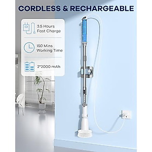 MABOGU Electric Spin Scrubber, Cordless Shower Scrubber with 8 Replaceable Brush Heads, Bathroom Scrubber Electric Dual Speeds, Shower Cleaning Brush with Extension Arm for Tub Tile Floor(Grey&White)