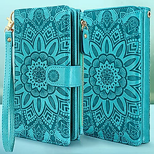 Harryshell Detachable Magnetic Zipper Wallet Leather Case with Cash Coin Pocket 12 Card Slots Holder Wrist Strap Lanyard for Motorola Moto G Pure/Moto G Power 2022 Flower (Blue Green)