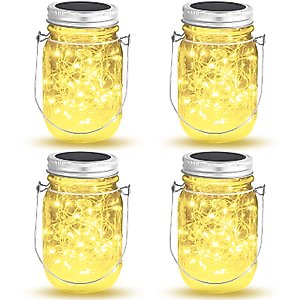 4 Pack Mason Jar Solar Lights, OxyLED 40 LED Fairy Lights Solar Powered with Jars and Hangers, Waterproof Hanging Solar Lights Outdoor, Decorative Solar Lanterns for Home Garden Patio Party Wedding