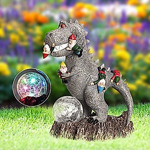 Solar Garden Statue Outdoor Decor Garden Dinosaur Eating Gnomes Figurine with LED Lights, Yard Art Ornaments for Fall Garden Sculptures & Statues for Outside Lawn Patio Yard Garden Birthday Gifts