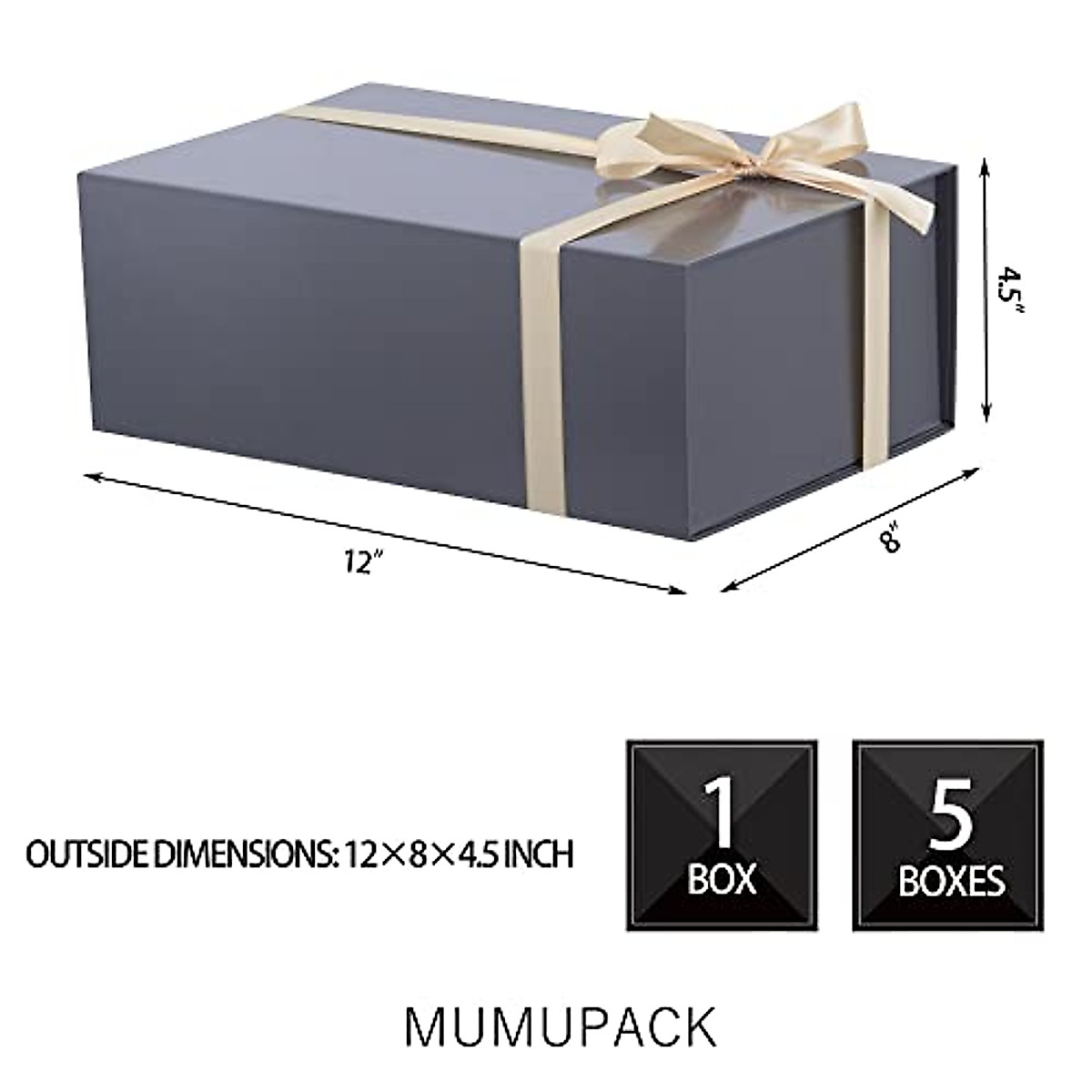 1 Pack grey Gift Box 12x8x4.5 Inches Large Gift Boxes with Lids and Magnetic Closure Collapsible Gift Boxes with Card and Ribbon for Presents Men Gift Wedding Male Birthday Graduation Merry Christmas