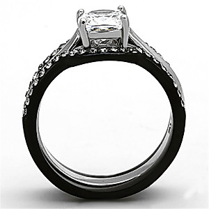 Marimor Jewelry 1.85 Carat Cushion Cut Cubic Zirconia Black Stainless Steel Wedding Ring Set Women's Size 7