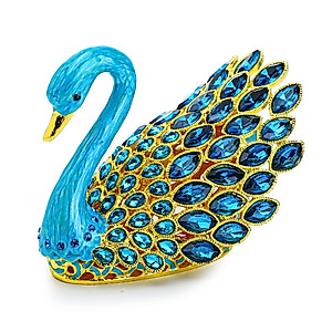 YU FENG 3.7inch Enamel Blue Gems Swan Trinket Box Hinged Hand-Painted Jewelry Storage Ring Holder Keepsake Box Animal Figurine Collectible Wedding Favor Gift