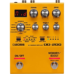 Boss OD-200 Hybrid Drive Bundle with Power Supply, Instrument Cable, Patch Cable, and Picks