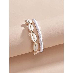 Verdusa Women's 2 Piece Ankle Bracelets Set Shell Anklet Chain Adjustable Foot Jewelry White one-size