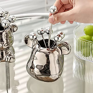 Dessert Fruit Sign Light Luxury Little Bear Fruit Fork Household Tableware Cute Fruit Fork Can Creative Storage Can (8x9, silver)