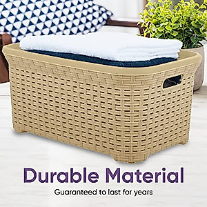 Superio Laundry Basket Plastic Storage Hamper Basket, Beige Cloths Basket Organizer with Cut-Out Handles. Space Saving for Laundry Room Bedroom Bathroom, Wicker Design 50 Liter (2 Pack)