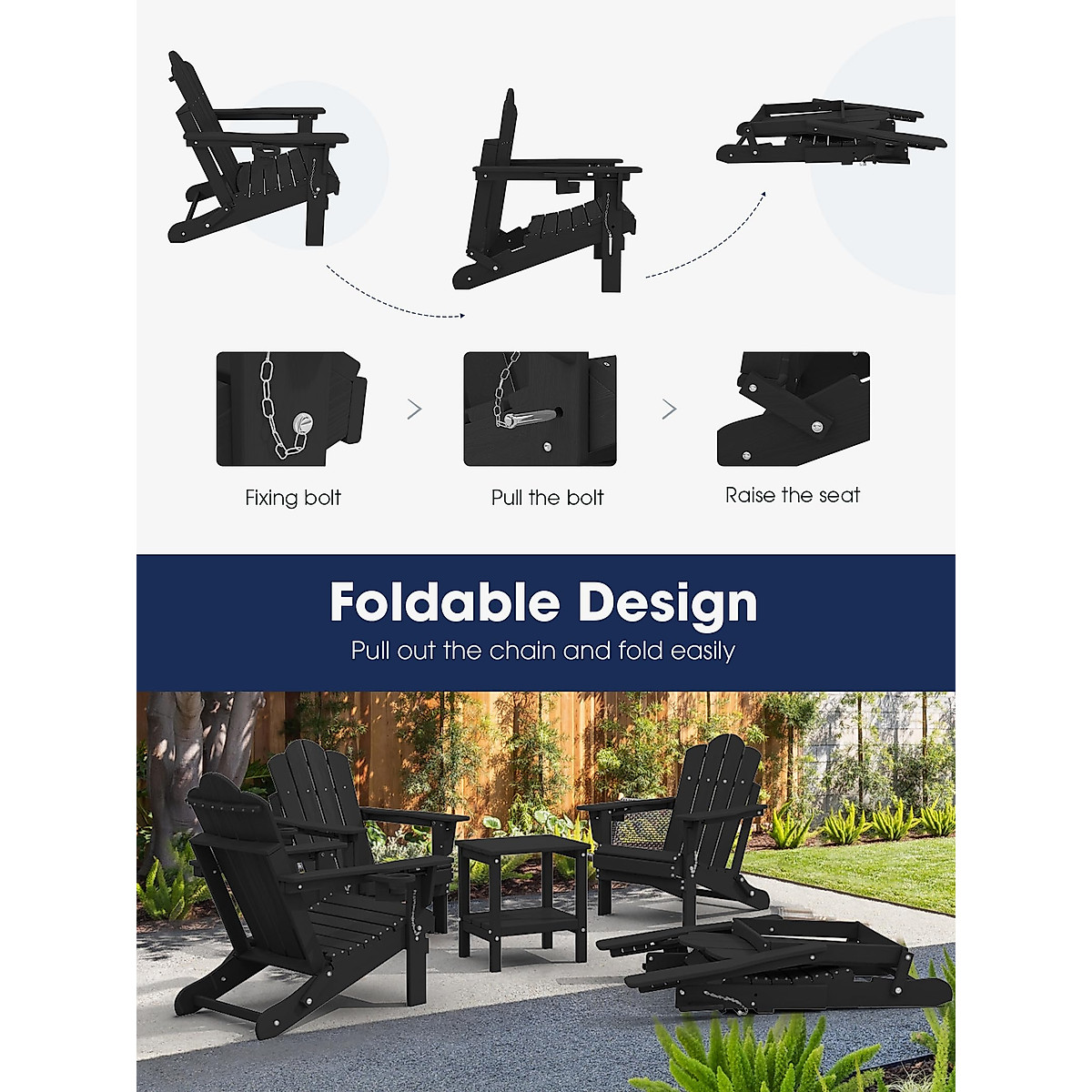 KINGYES Folding Adjustable Backrest Adirondack Chair with Cup Holder, Oversized Weather Resistance Adirondack Chair, HDPE Reclining Adirondack Chair for Adult, Black