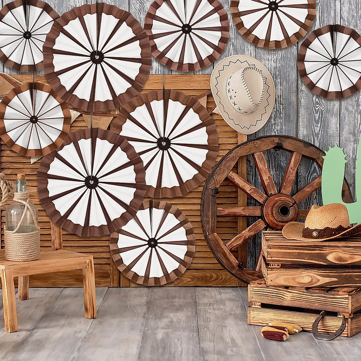 Outus 9 Pcs Wagon Wheel Decorations Paper Fans Country Western Party Decorations Wooden Wagon Wheels Hanging Paper Fans Ceiling Wall Decor for Wild West Western Cowboy Themed Classroom Party