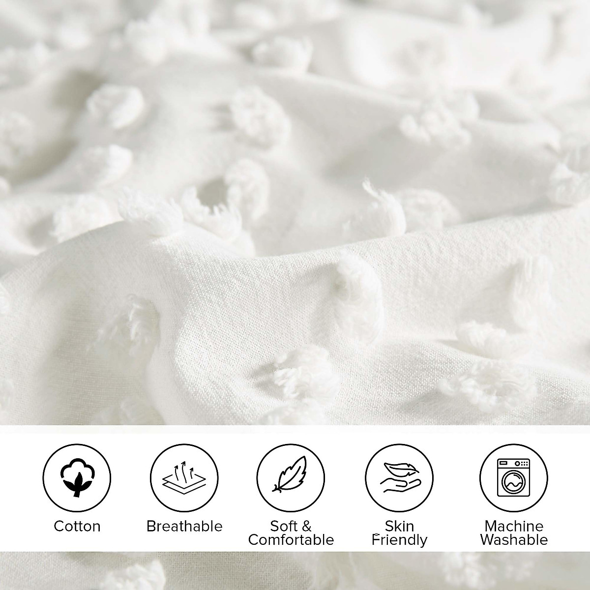 Comfort Spaces Cotton Comforter Set Jacquard Pom-Pom Tufts Design, Down Alternative, All Season Modern Bedding, Matching Shams, Full/Queen, Phillips, Ivory