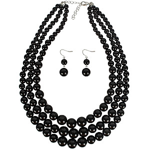 Chargances 3 Layered Beaded Strand Choker Pearl Statement Necklace and Earrings Set Round Ball Chunky Bib Collar for Women Girls Gift Festival Party (Black)