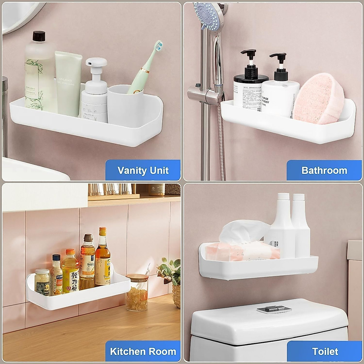 ANRUI Wall Mounted Shower Caddy, Plastic Adhesive Shelves for Wall, No Drilling Hang Shower Storage, Shower Caddies Organizer, Bathroom Shelf organizer for Bathroom, Kitchen, Cabinet Door- White