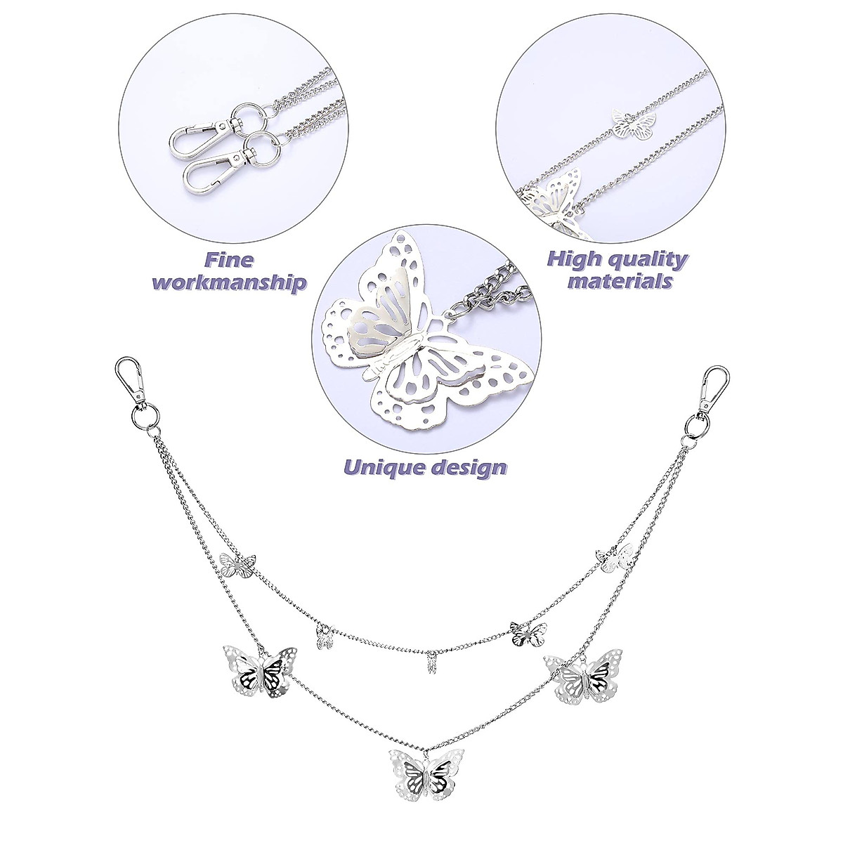 Jadive 5 Pieces Chain Belt Jeans Pants Chain Pocket Waist Chain Multi-Layer Hip Hop Metal Wallet Chain for Men Women (Butterfly,Silver)