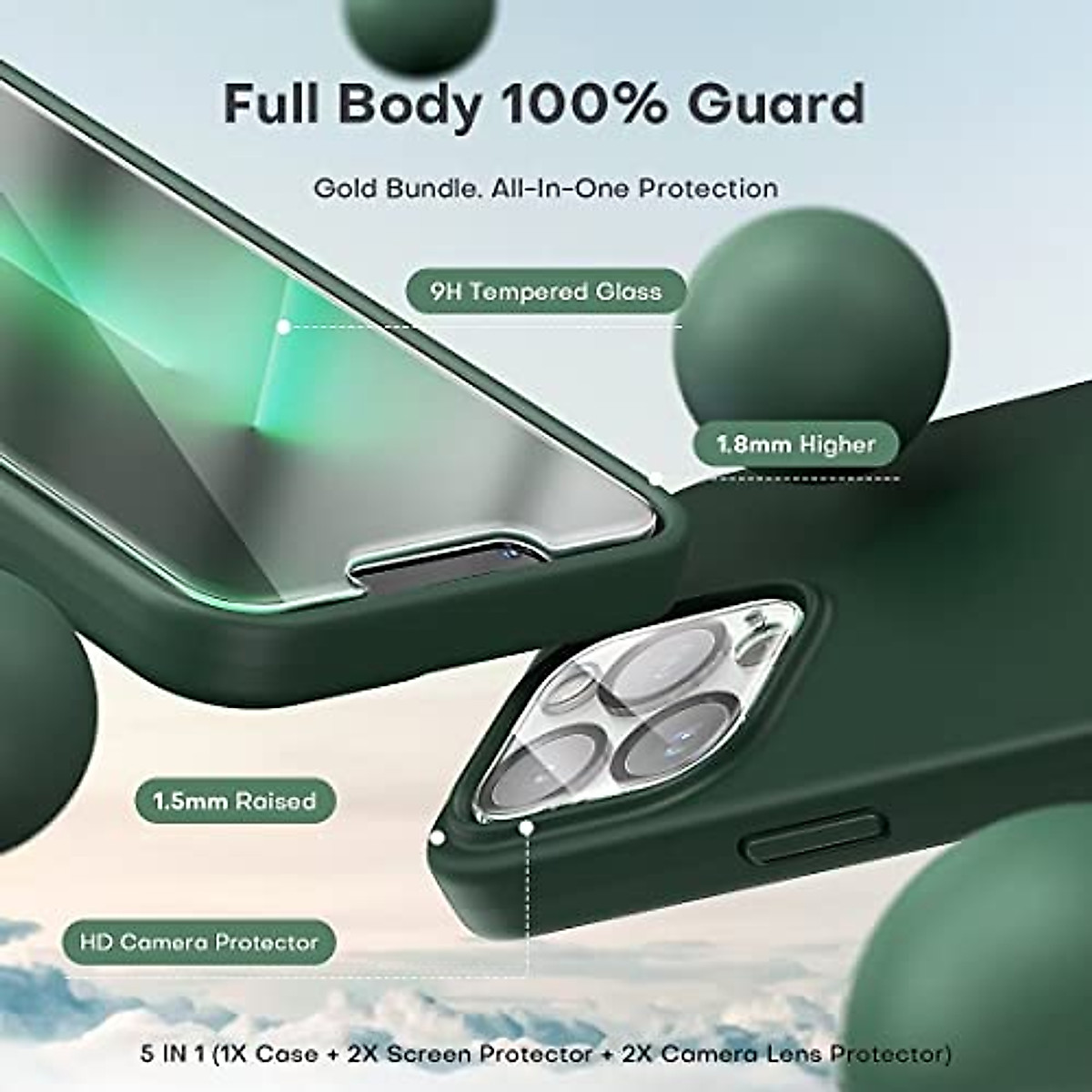 TOCOL 5 in 1 for iPhone 13 Pro Max Case, with 2 Pack Screen Protector + 2 Pack Camera Protector, Liquid Silicone [Anti-Scratch], Alpine Green