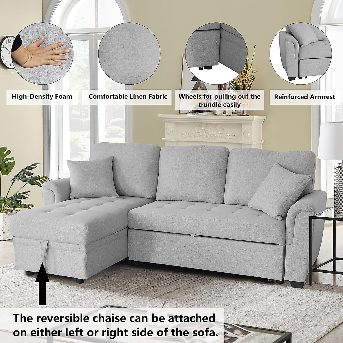 HUMEHA Reversible Sectional Sofa Couch, Light Grey Convertible Pull Out Bed Sleeper Sofa with Storage Chaise Lounge, Upholstered L Shaped Couch with 2 Pillows, Linen Fabric Couches for Living Room