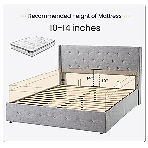 SHA CERLIN Full Size Lift Up Storage Bed/Button Tufted Wingback Headboard/Hydraulic Storage/Upholstered Platform Bed Frame/No Box Spring Needed/Wood Slats Support/Light Grey