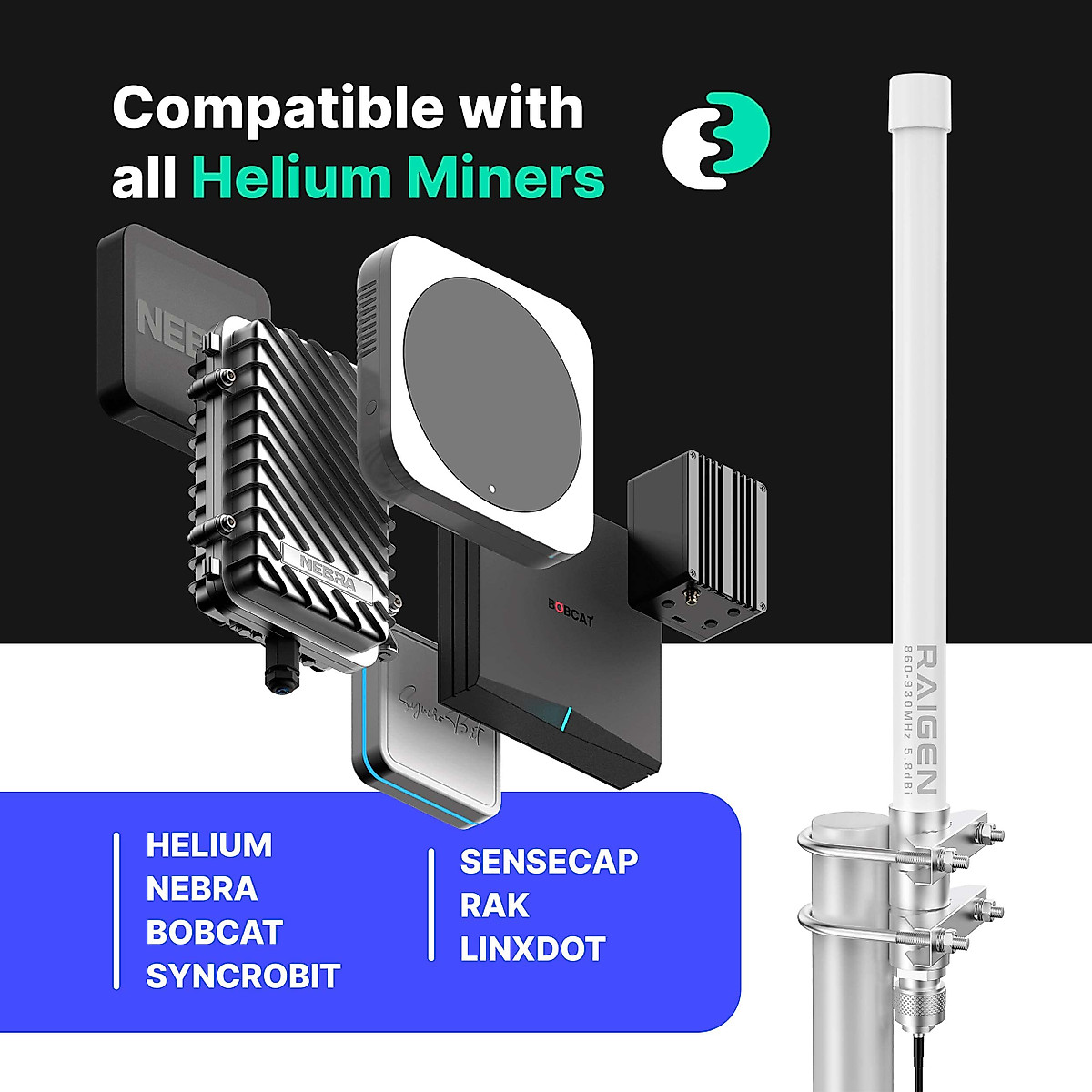 RAIGEN Helium Miner 8dBi Antenna LoRa 915 MHz 43.3in Outdoor Omni-Directional HNT Hotspot for MNTD, Nebra, RAK, Bobcat, Syncrob, and Sensecap [Cables Sold Separately] (8 dbi)