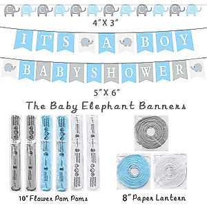 WOMRICH Boy Baby Shower Decorations Elephant Theme Set, Baby Shower Guestbook Elephant Sign Frame, It is a Boy Banners Elephant Garland Paper Lantern Paper Flower Pom Poms (Blue)