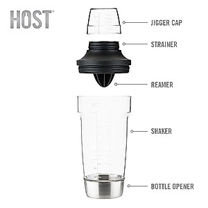 HOST All in One Cocktail Shaker Set | 5 in 1 Tool - Jigger Cap | Strainer | Reamer | Stainless Steel Bottle Opener and Oz and mL Markers 18 oz Capacity - Multitool Bartending Mixer for Drinks