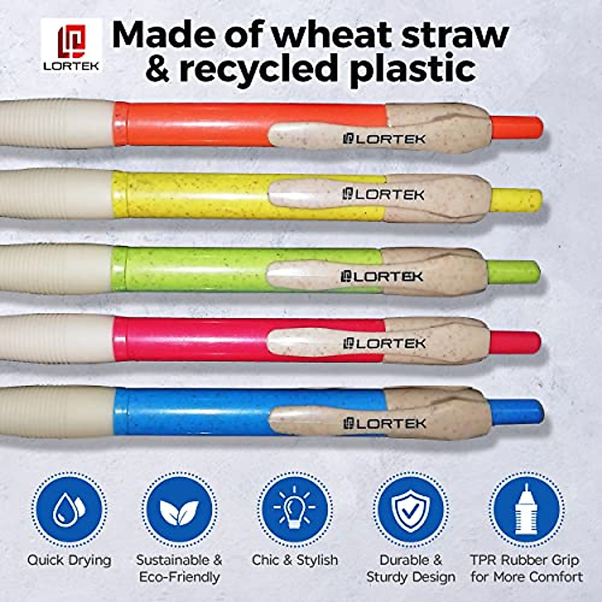 Lortek (50 Pcs Eco Friendly Ballpoint Writing Pens – Medium Point, Black Ink for Note Taking, Journaling, Planners, School, Work, Home – Made From Wheat Straw and Recycled Plastic