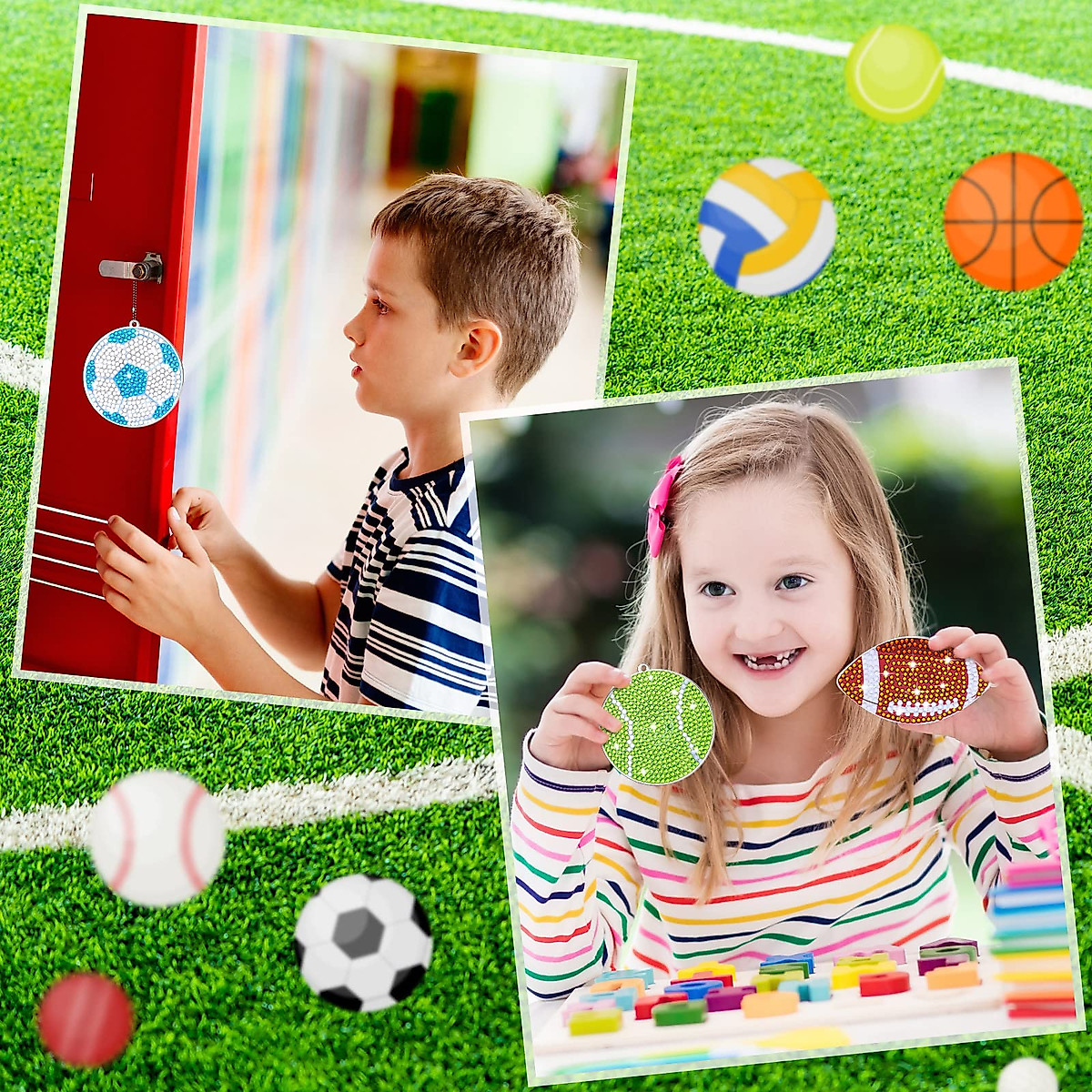 Junkin 26 Pcs Balls DIY Diamond Art Painting Keychain Kits 5D Diamond Painting Key Chains Soccer Ball Football Chain Key for Backpack Shoulder Bag Sports Accessories Adults and Kids