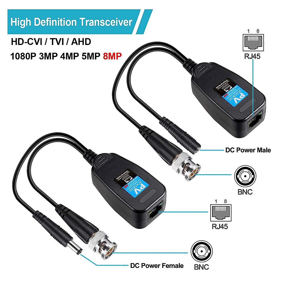 eoere Passive Video Power Balun 8MP BNC DC to RJ45 Network Transceiver Cat5/Cat6 Adapter AHD/TVI/CVI/CVBS for Full HD CCTV DVR Security Surveillance Camera System 5 Pairs