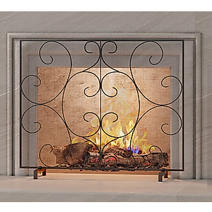 Kingson Single Panel Decorative Flat Fireplace Screen Cover Handcrafted Durable Metal Mesh, Heat-Resistant Free Standing Fire Spark Guard Mesh 37.8" L x 8.8" W x 30.7" H