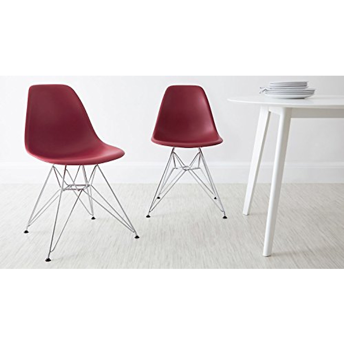 2xHome Eiffel Wire Legs and Armless Seat for Dining Room Red Plastic Side Chair with Chrome Plated