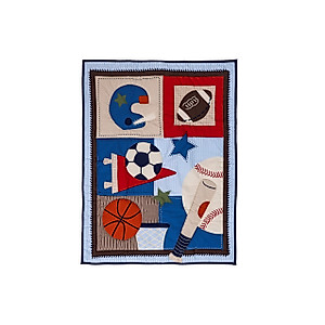 CribMATE 3 PCs Blue Sport Nursery Crib Bedding Set Baby Boy Sports Theme Cot Bedding Set 1 Quilt 1 Fitted Sheet 1 Skirt, Blue , Red , Brown, 28 X 52