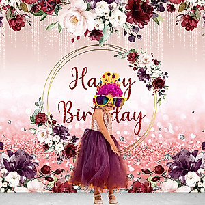 MAQTT 7 x 5 FT Pink Purple Rose Happy Birthday Photo Backdrop Flower Gold Glitter Blush Photography Background for Women Girl Birthday Party Decorations Banner Supplies