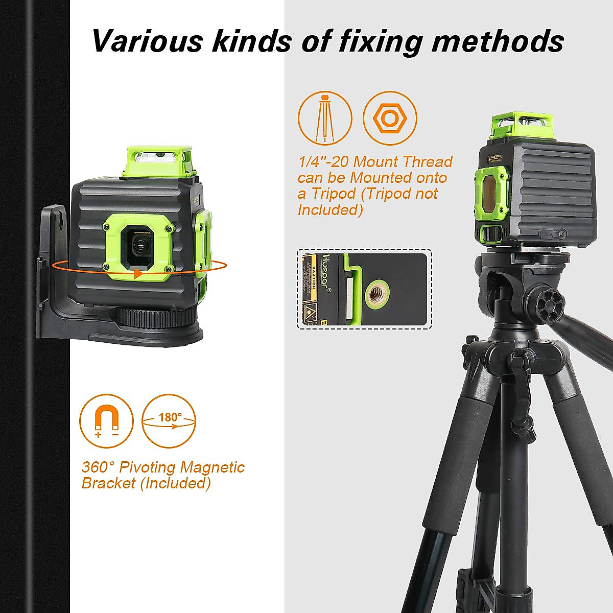 Huepar Cross Line Laser Level, Green 360° Horizontal and Two Vertical Lines, Self-Leveling Alignment Multi Line Laser Tool, Li-ion Battery with Type-C Charging Port & Hard Carry Case Included - B21CG