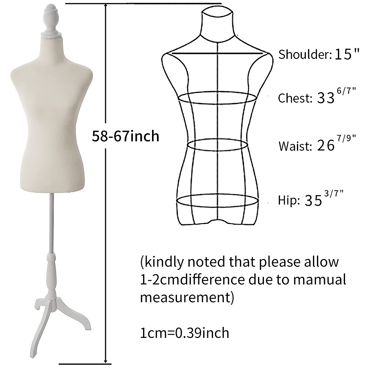Female Dress Form Mannequin Torso Body with Adjustable Tripod Stand Dress Jewelry Display (Beige)