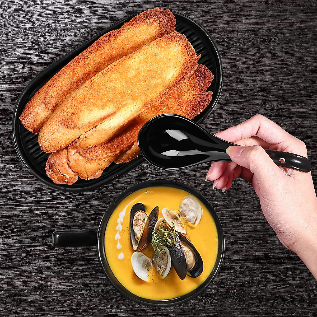 Wareland Soup Bowl with Handle & Salad Plate, Soup and Sandwich Plate Combo, 18oz Soup Mug/Cup for Cereal, Ceramic Pasta Plate for Appetizer, Dessert, Rice, Dishwasher & Microwave Safe, Bright Black