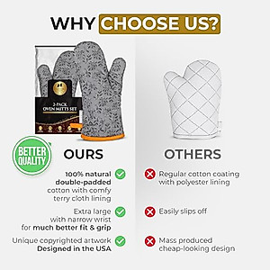 Premium Heat-Resistant Oven Mitts - Stylish and Beautiful - Non-Slip Platinum Silicone Grip - Long and Thick - 100% Natural Cotton Exterior and Soft Terry Cloth Lining - Set of 2 by Cook'n'Chic