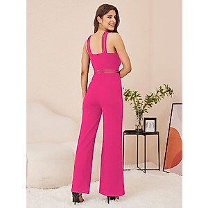 WDIRARA Women's Sleeveless Halter Tied Backless High Waist Belted Wide Leg Pants Elegant Jumpsuit Rompers Plain Hot Pink L