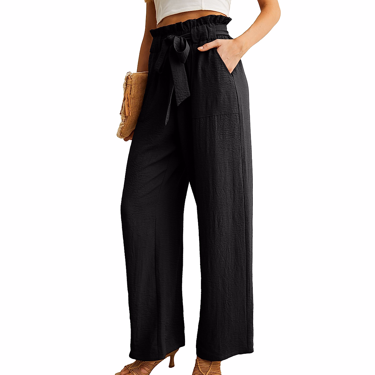 IWOLLENCE Women's Wide Leg Pants with Pockets High Waist Adjustable Knot Loose Casual Trousers Business Work Casual Pants Black Large