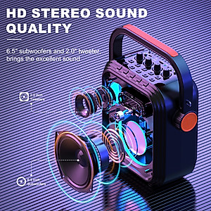 JYX Karaoke Machine with 2 UHF Wireless Microphones, Portable Bluetooth Speaker PA System with Shoulder Strap, Subwoofer Support TWS, Radio, AUX in, REC, Bass&Treble for Party/Meeting/Adults/Kids